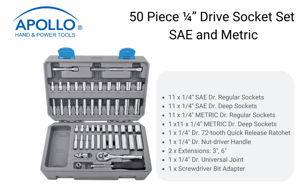 APOLLO TOOLS - DT0004-50 Piece ¼” Drive Socket Set – Apollo Tools