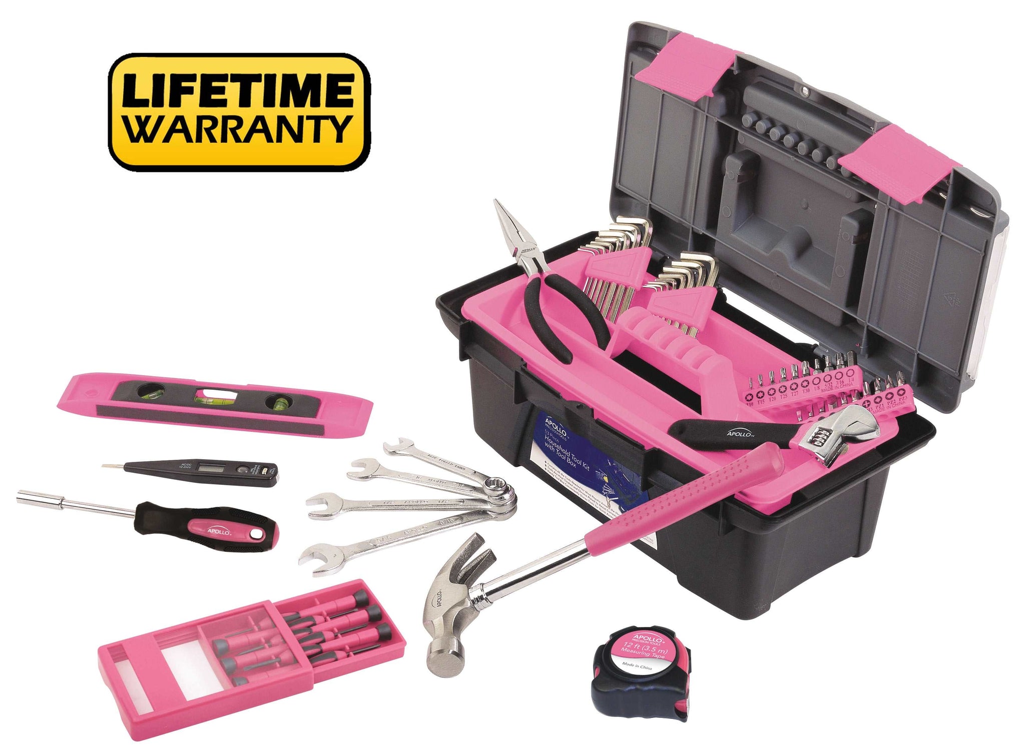 53 Piece Household Tool Kit with Tool Box Pink – Apollo Tools