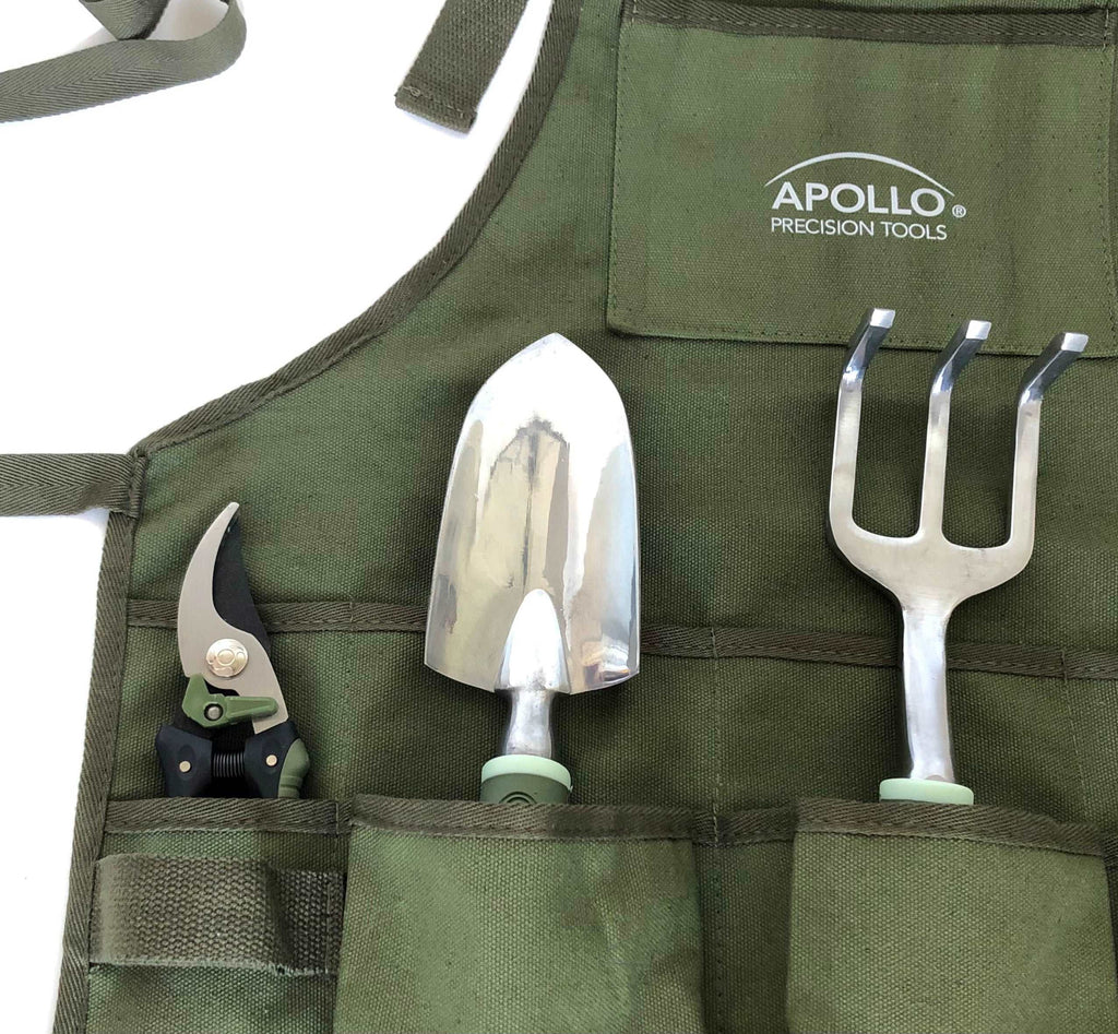 garden tool set includes apron, trowel, rake, pruner, padded kneeler ...