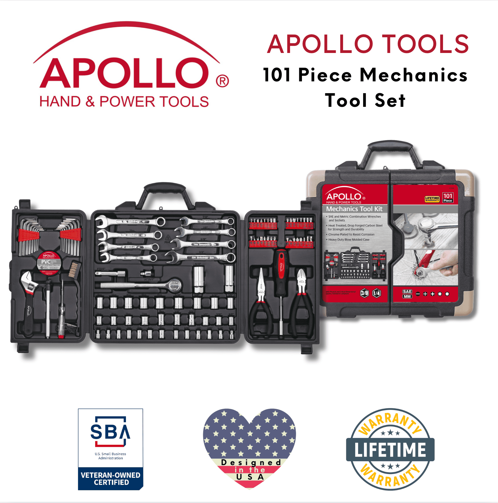 Metric and SAE 101 Piece Best Value Mechanics Tool Kit – Apollo Tools