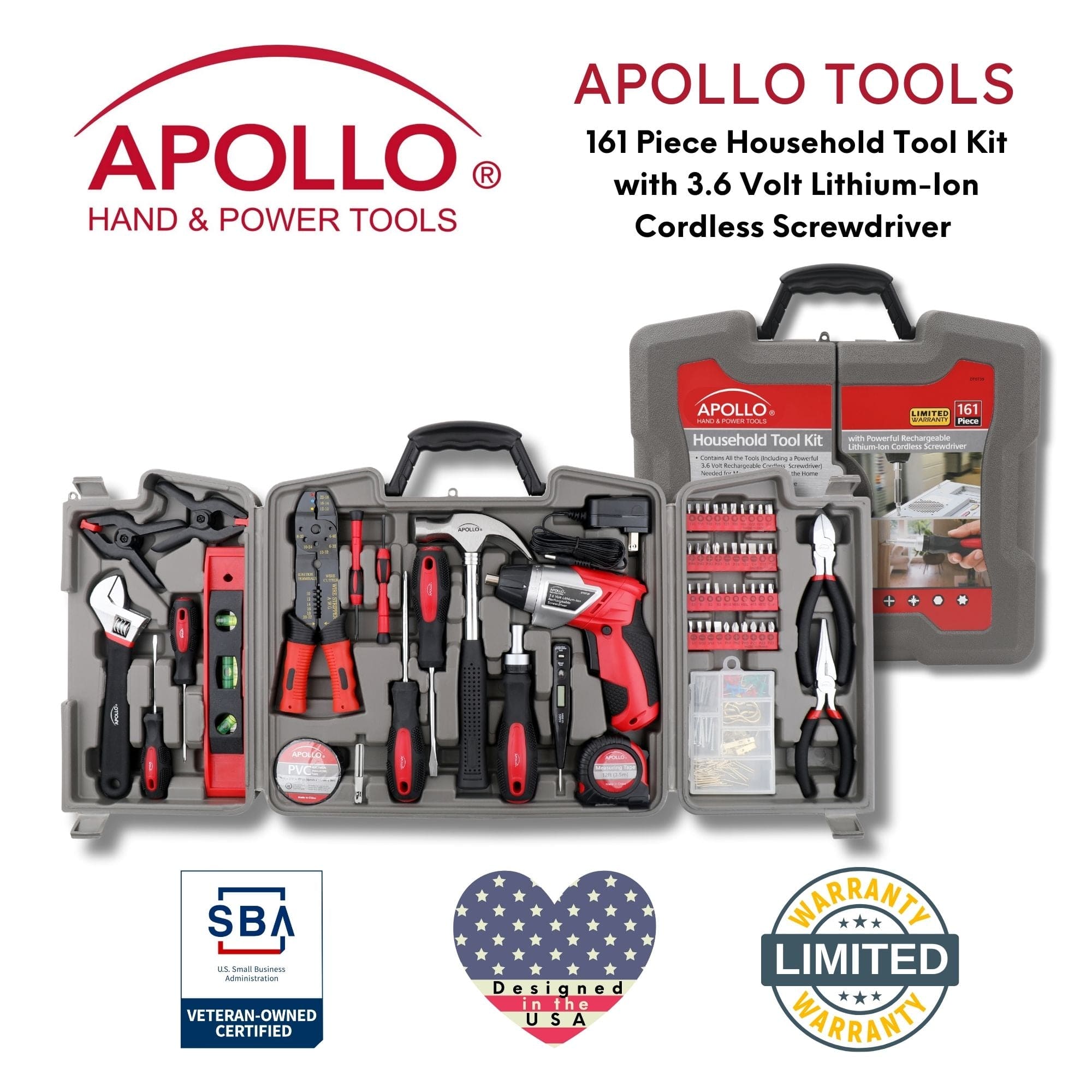161 Piece Household Tool Kit with Convenient 3.6 Volt Lithium Ion Cord ...