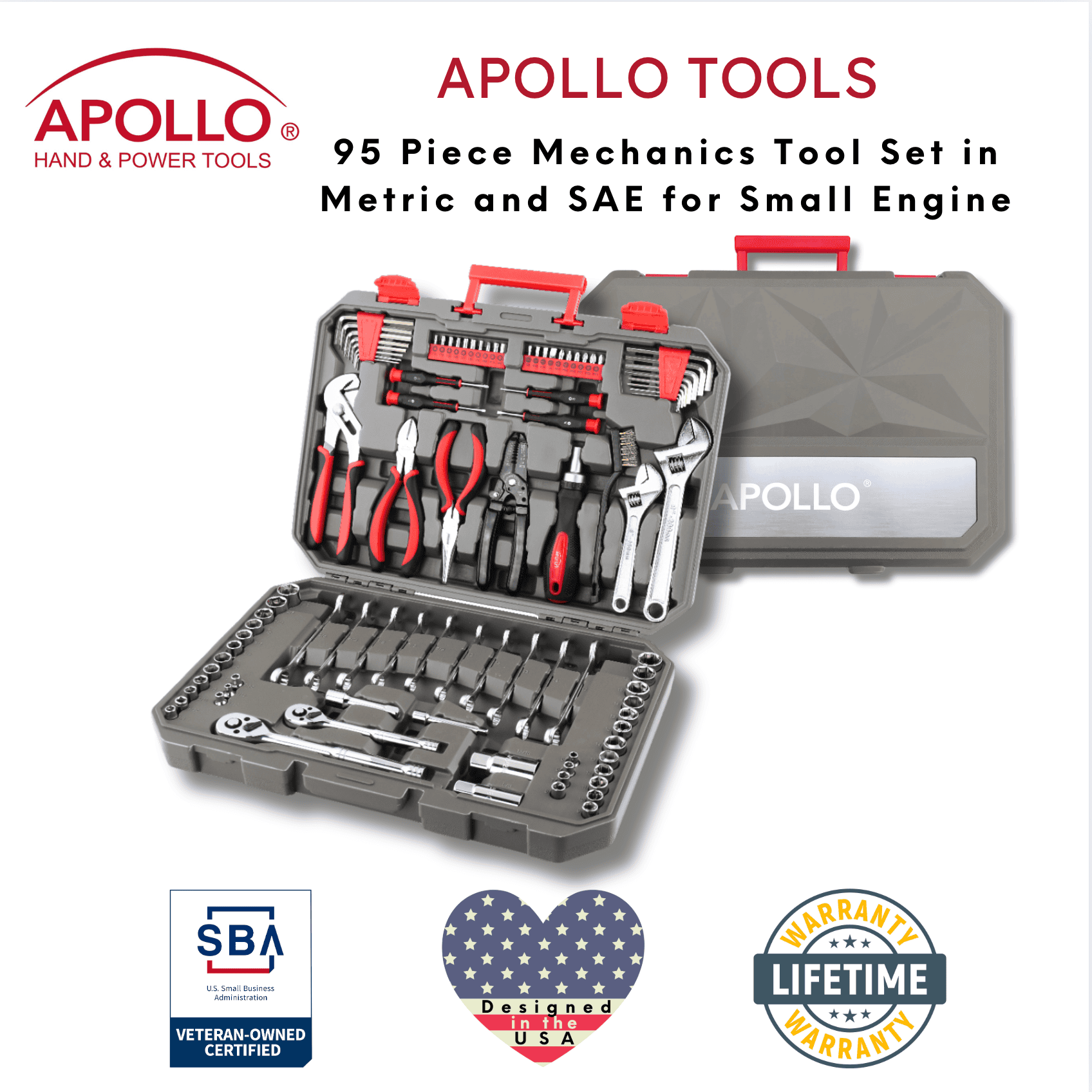 95 Piece Mechanics Tool Set in Metric and SAE for Small Engine, Mechan ...