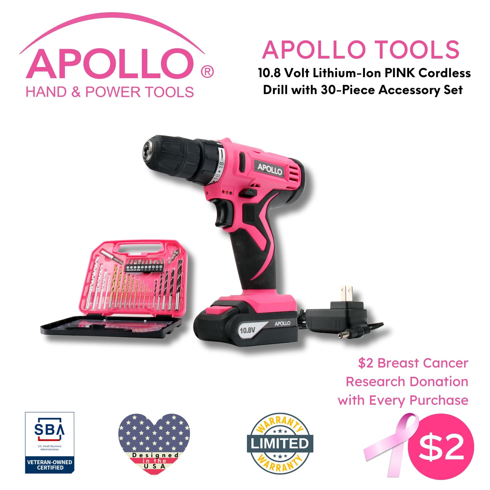Pink Cordless Drill with donation to breast cancer research – Apollo Tools