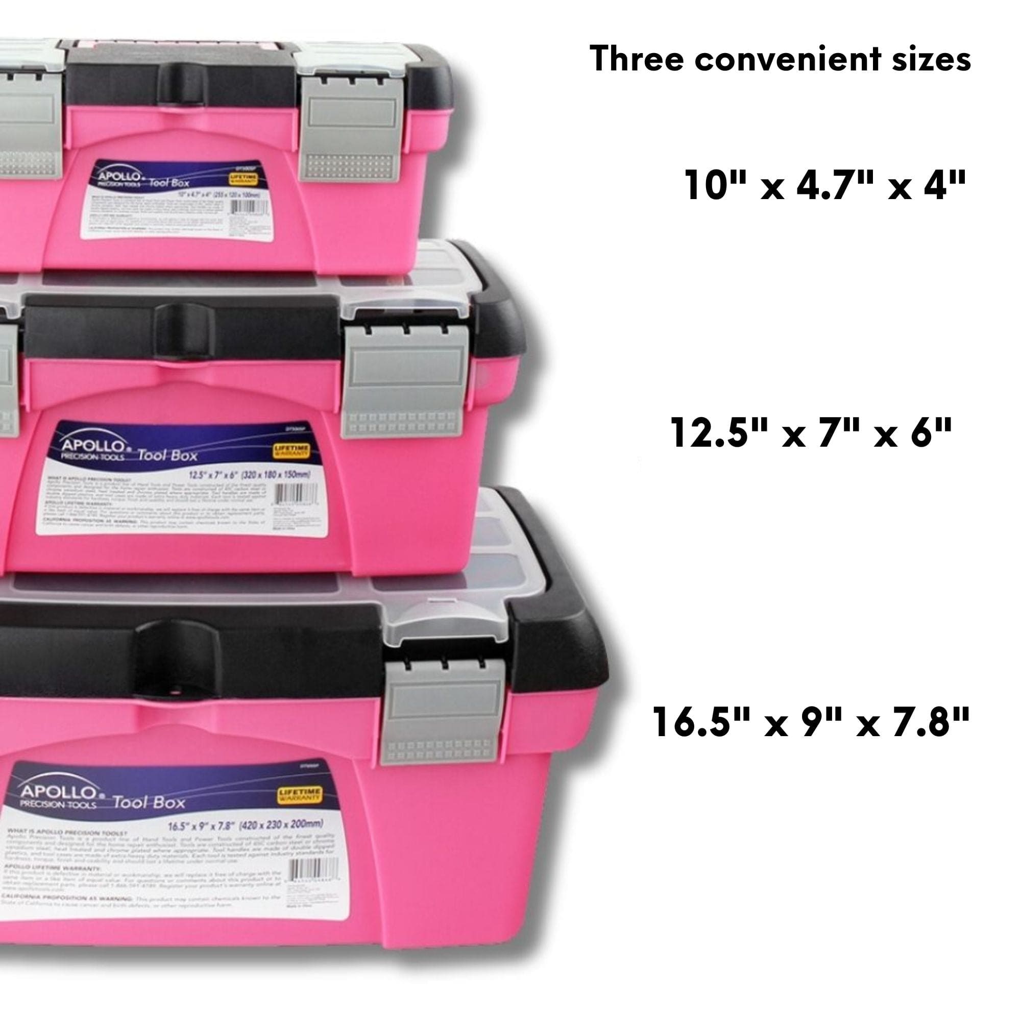 Three tool boxes stackable with tray pink – Apollo Tools