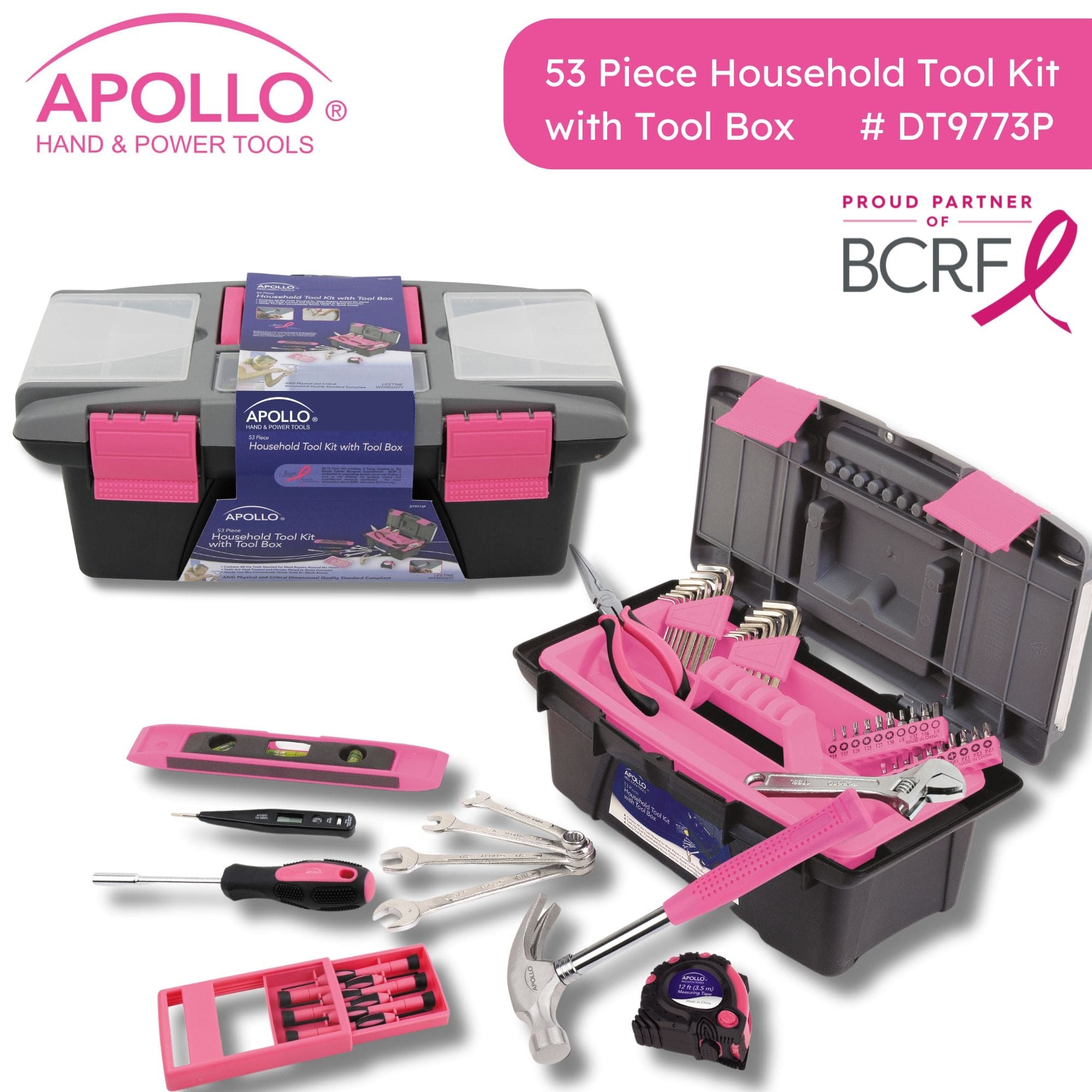 53 Piece Household Tool Kit with Tool Box Pink – Apollo Tools