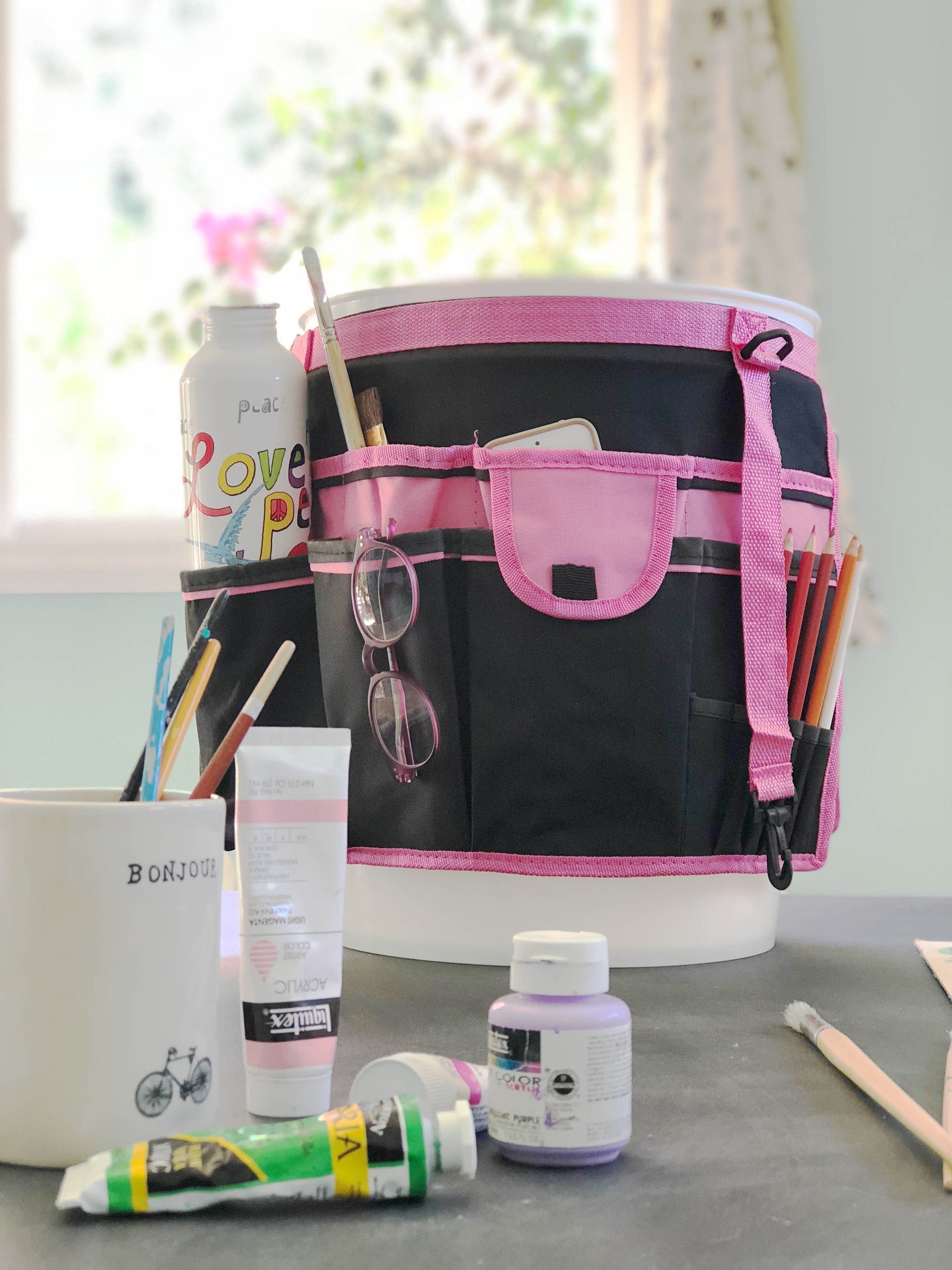 Pink bucket organizer converts bucket into storage with 34 pockets ...
