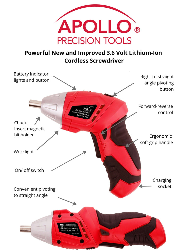 RED Dual-Angle 3.6 Volt Lithium-Ion Cordless Screwdriver – Apollo Tools