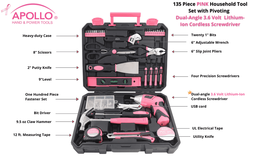 New and Improved 135 Piece Pink Household Tool Set with Pivoting Dual ...