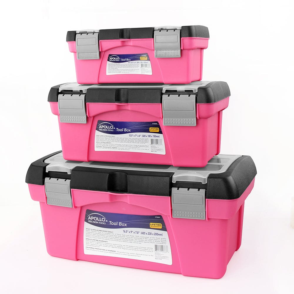 Three tool boxes stackable with tray pink – Apollo Tools